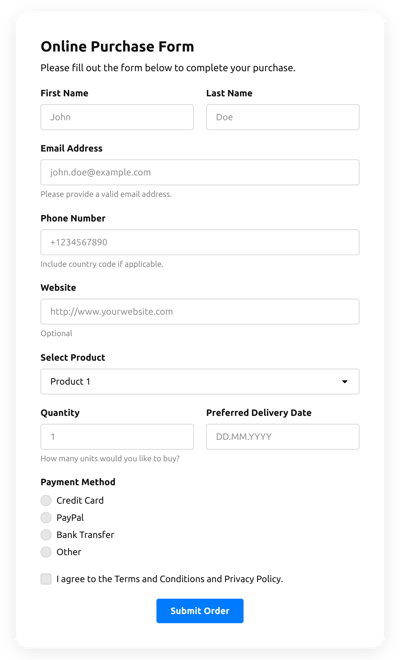 Order Form Templates - Create Online Order Forms for Website